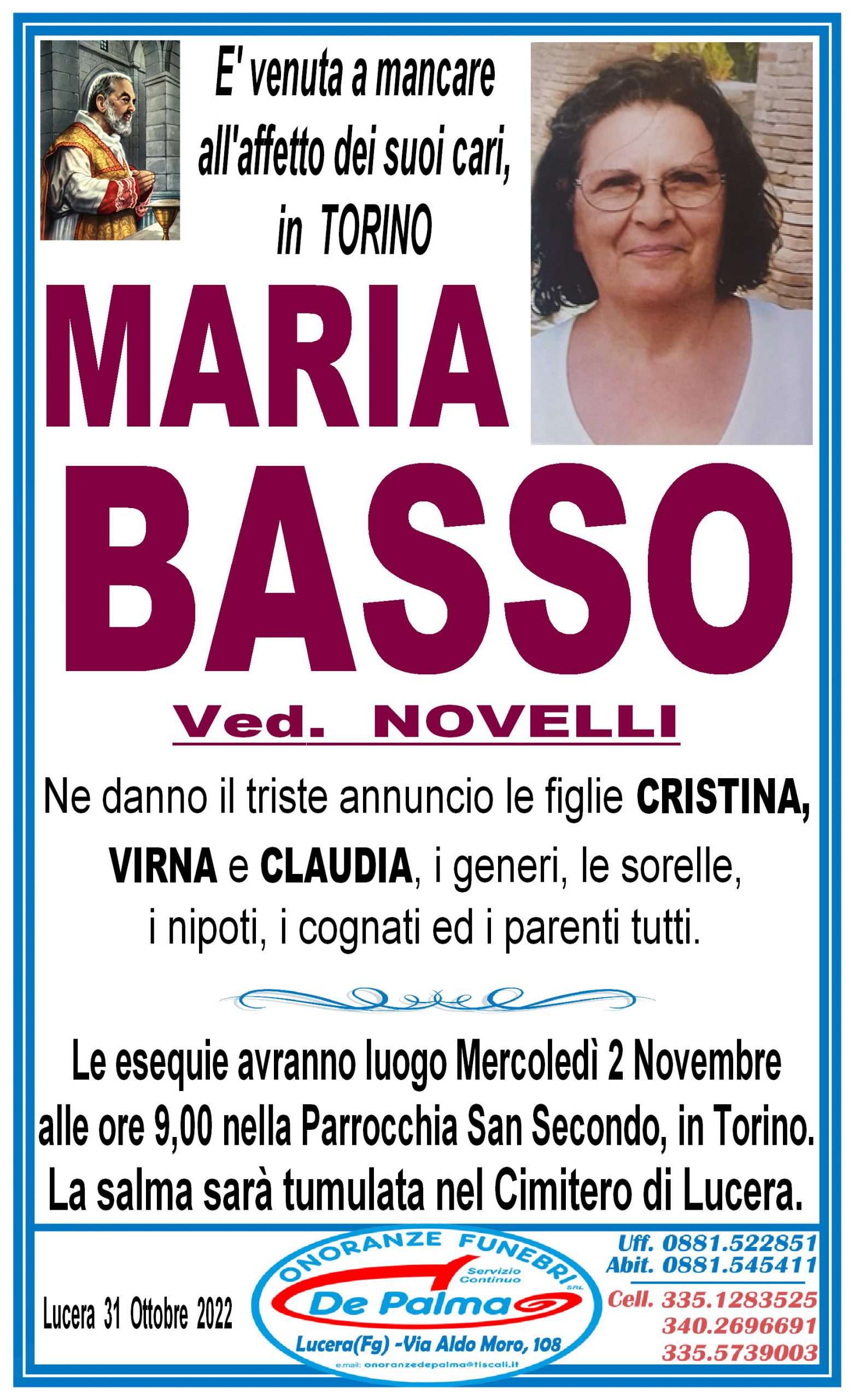 Maria Basso Ved. Novelli Francesco - Onoranze Funebri De Palma - Lucera ...