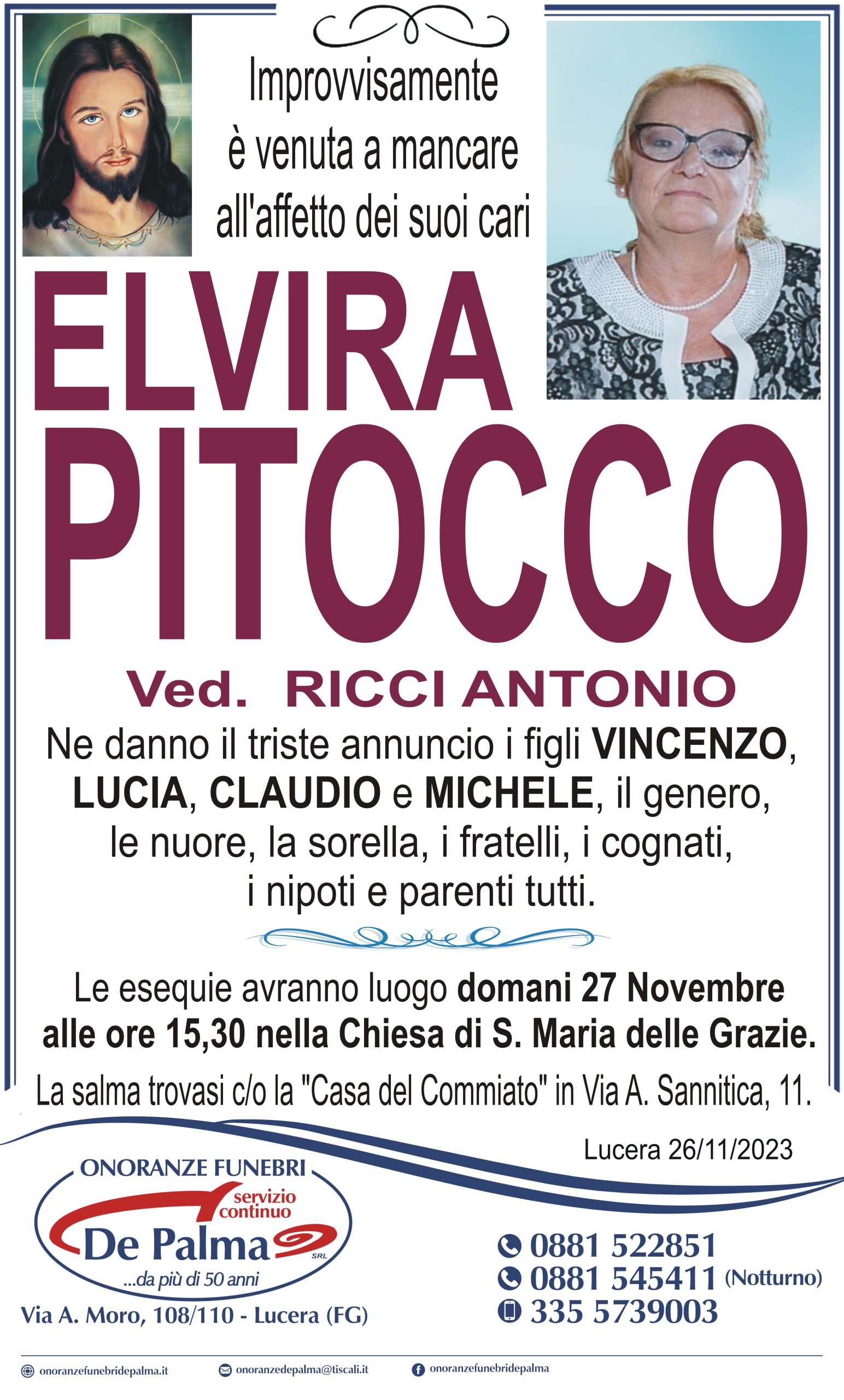Def. Elvira Pitocco Ved. Ricci Antonio - Onoranze Funebri De Palma ...