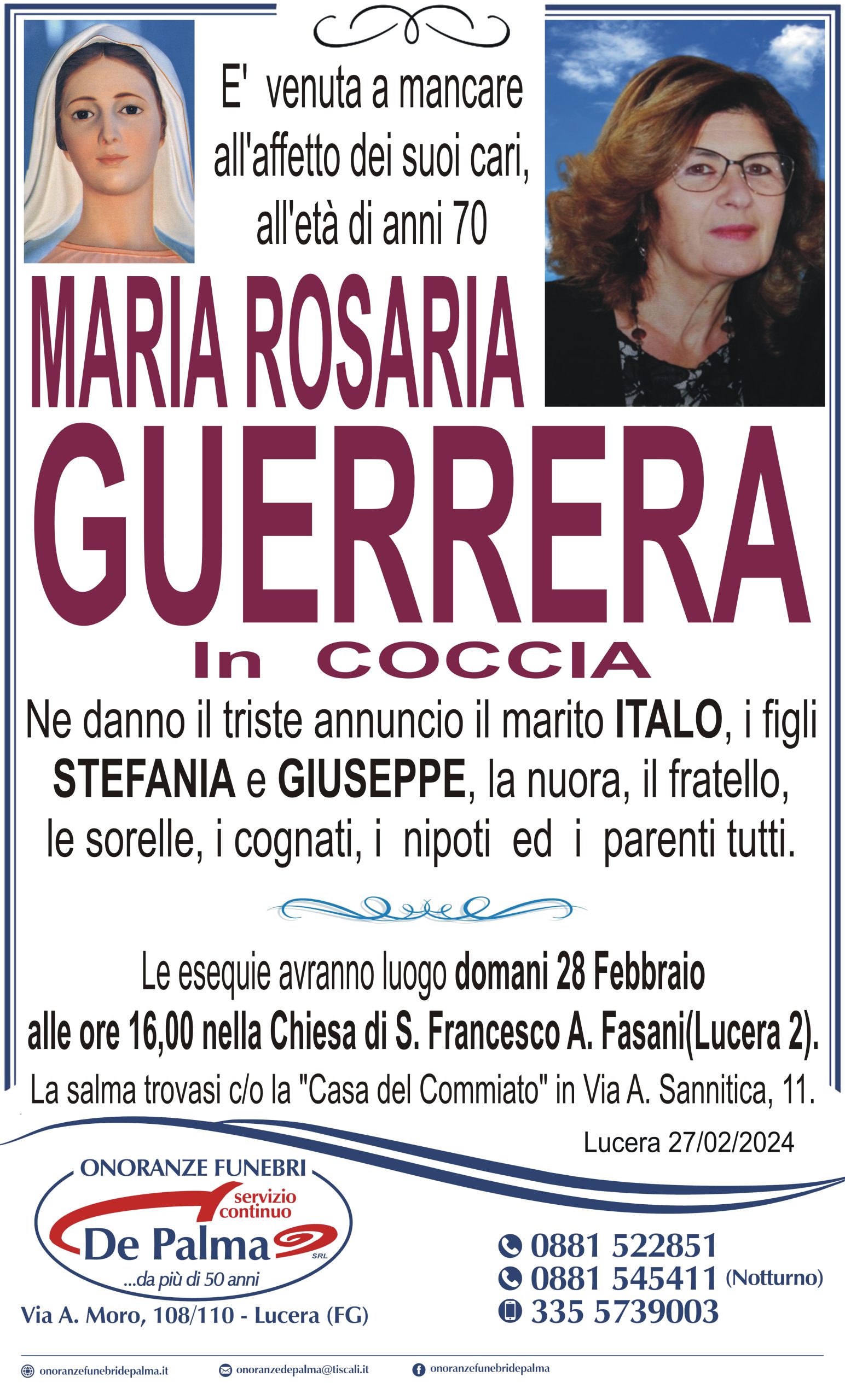 Def. Maria Rosaria Guerrera di anni 70 - Onoranze Funebri De Palma ...