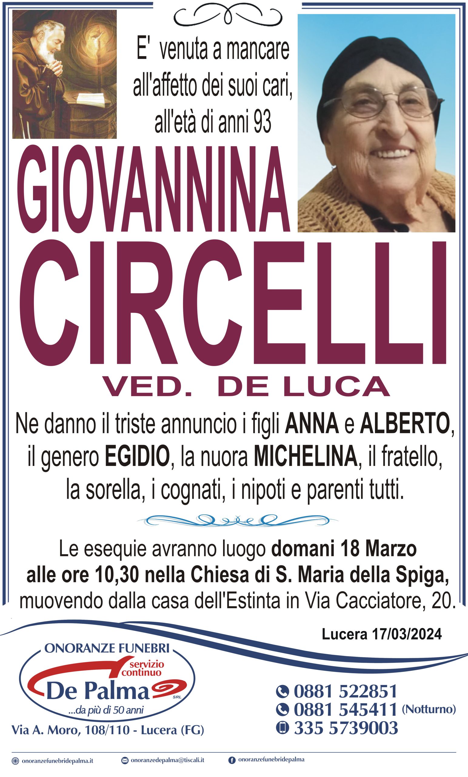 Def. Giovannina Circelli di anni 93 - Onoranze Funebri De Palma ...
